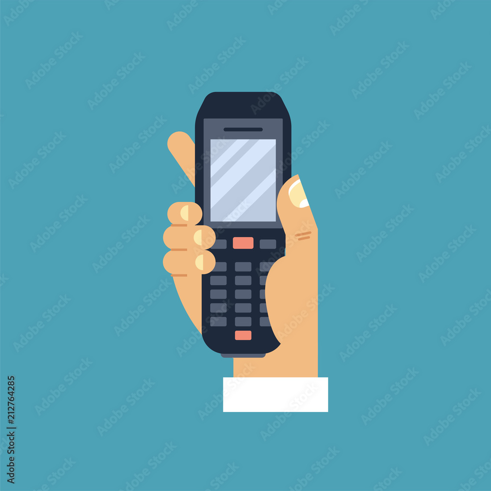 Vector illustration male hand holding mobile bar code scanner or reader ...