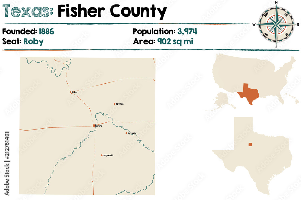 Fototapeta mapa świata dla dzieci Detailed map of Fisher county in ...