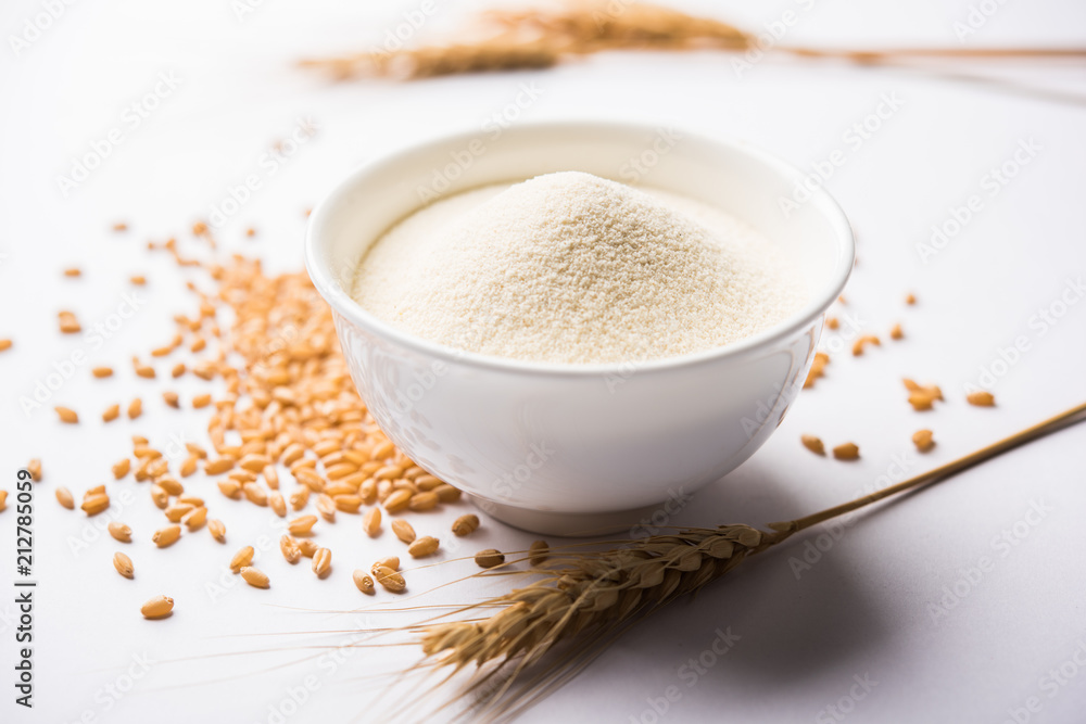 Raw unprepared semolina flour also known as Rava powder in Hindi in ...