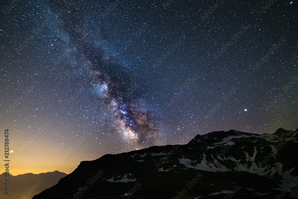 Astro night sky, Milky way galaxy stars over the Alps, Mars and Jupiter ...
