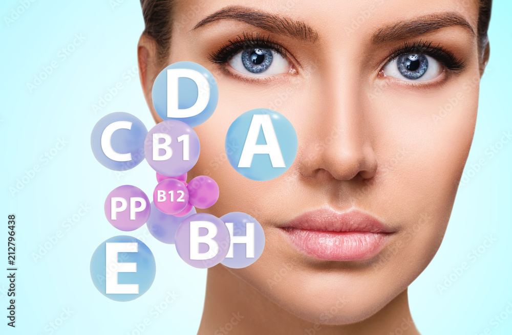 Woman face with vitamins icons. Healthy skin concept. Stock Photo ...