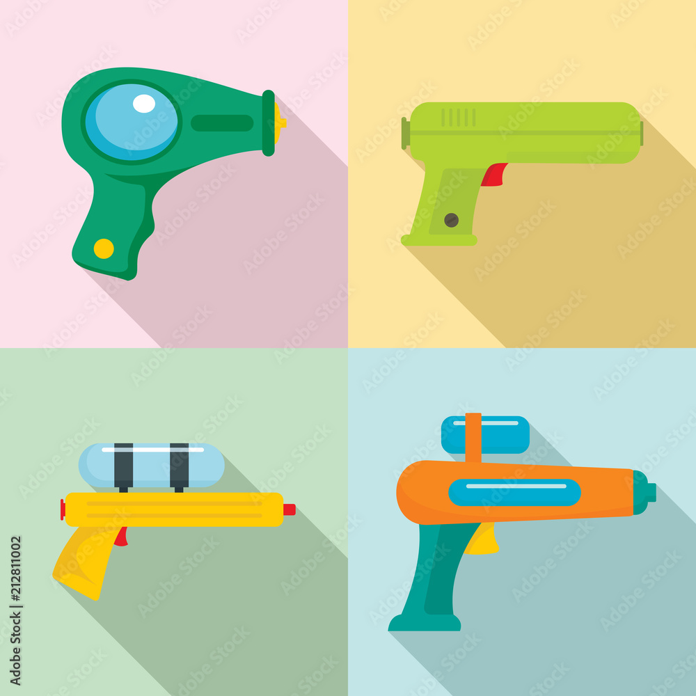 Squirt gun water pistol game icons set. Flat illustration of 4 squirt ...