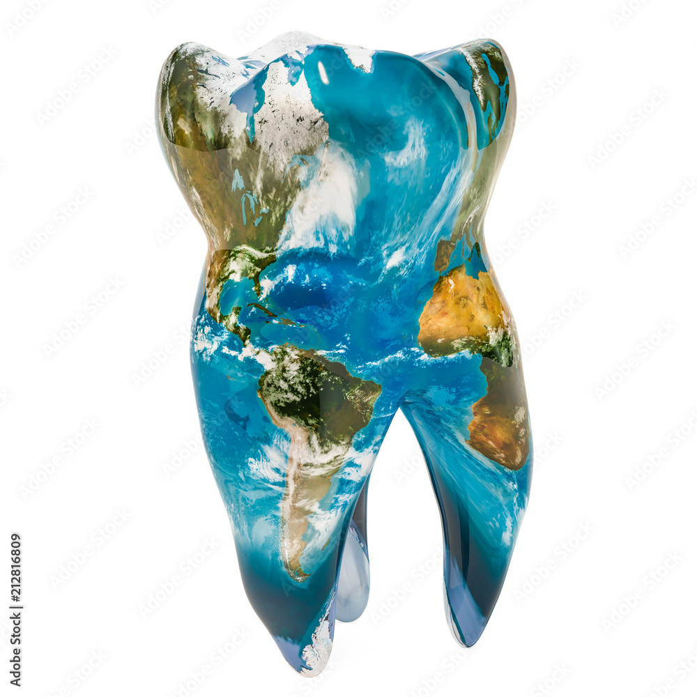 Tooth with blue Earth map texture. Global dentistry concept, 3D ...