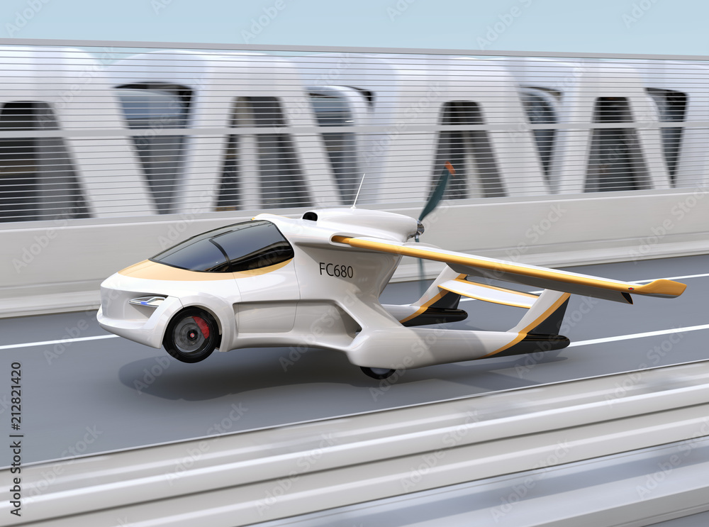Futuristic flying car takes off from highway. Fast transportation ...