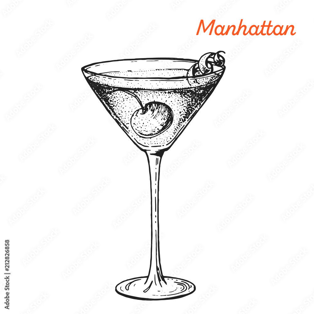 Manhattan cocktail illustration. Alcoholic cocktails hand drawn vector ...