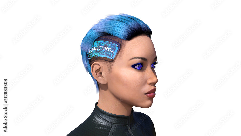 Female android with technology implants, biomechanical woman connecting ...