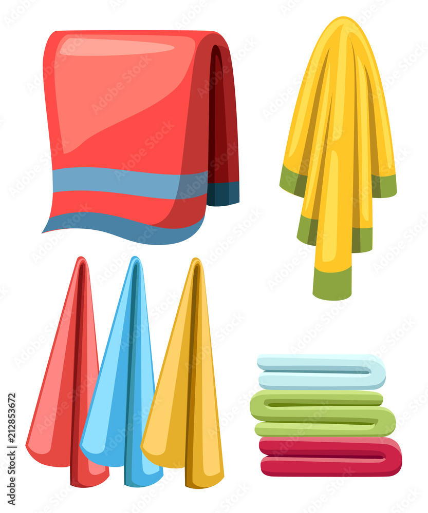 Flat towels set. Cartoon illustration collection. Cloth towels for bath ...