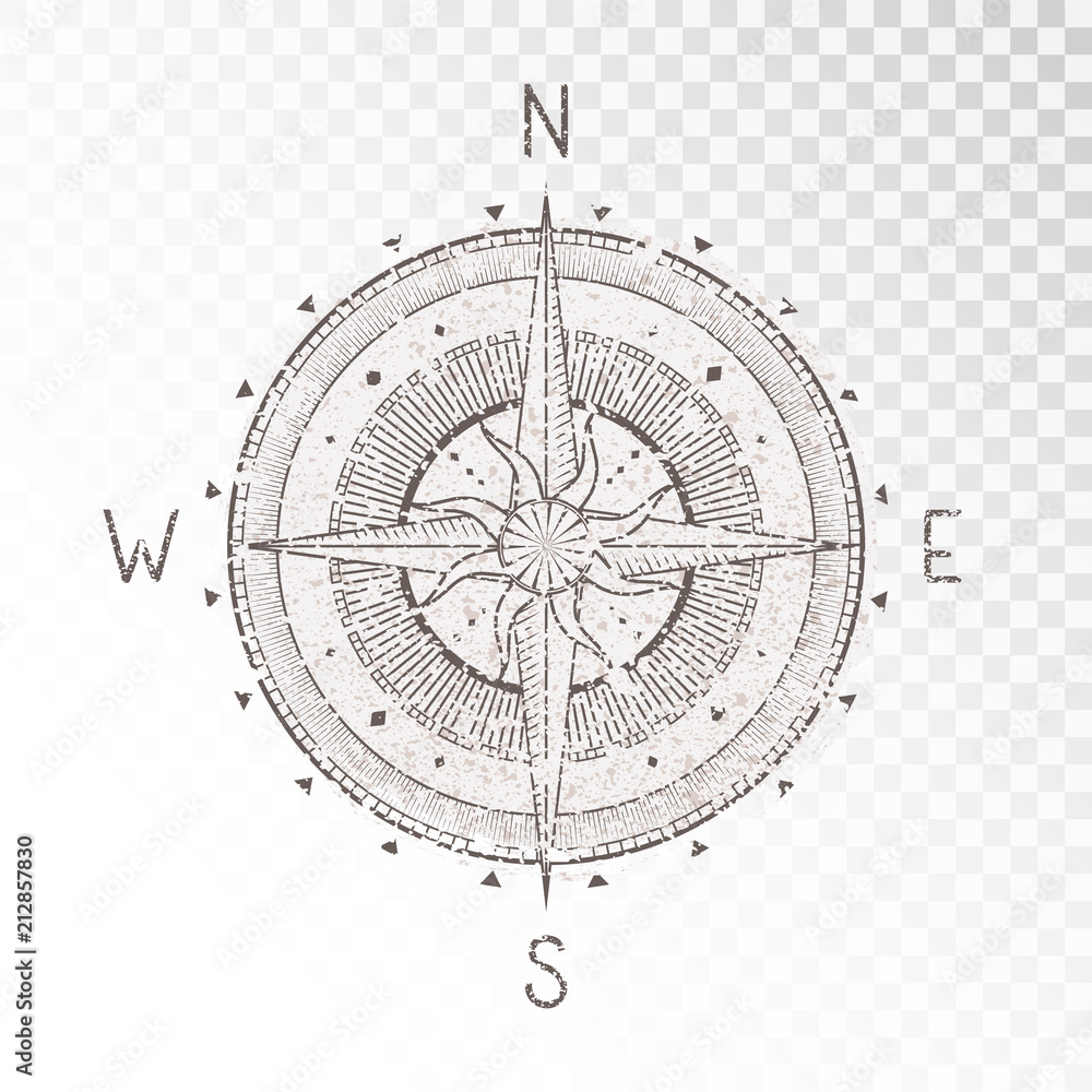 Vector illustration with a vintage textured compass or wind rose and ...