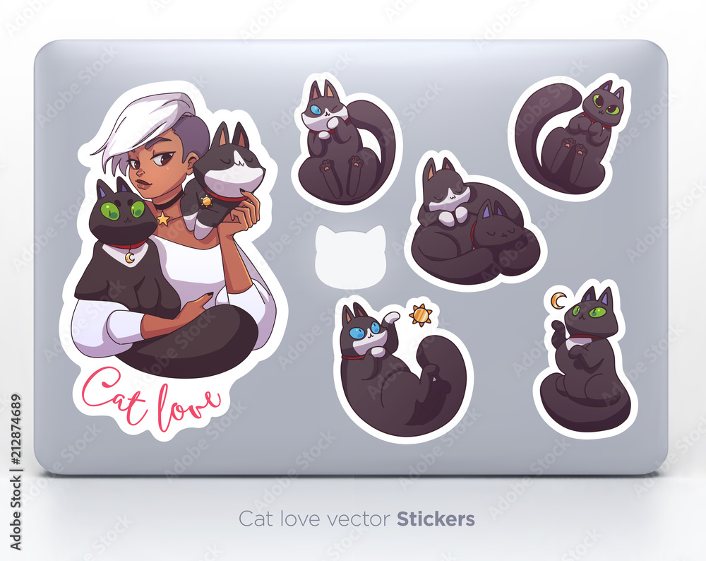 Sticker set with cute girl and cats. Vector illustration Stock Vector ...