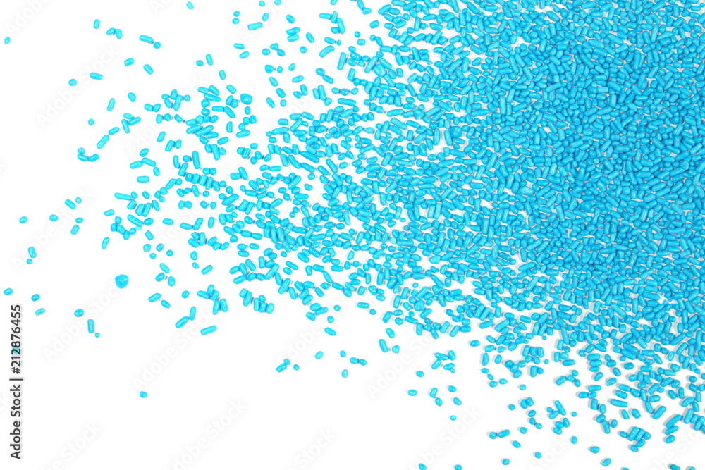 Blue chocolate sprinkles, granules isolated on white background and ...