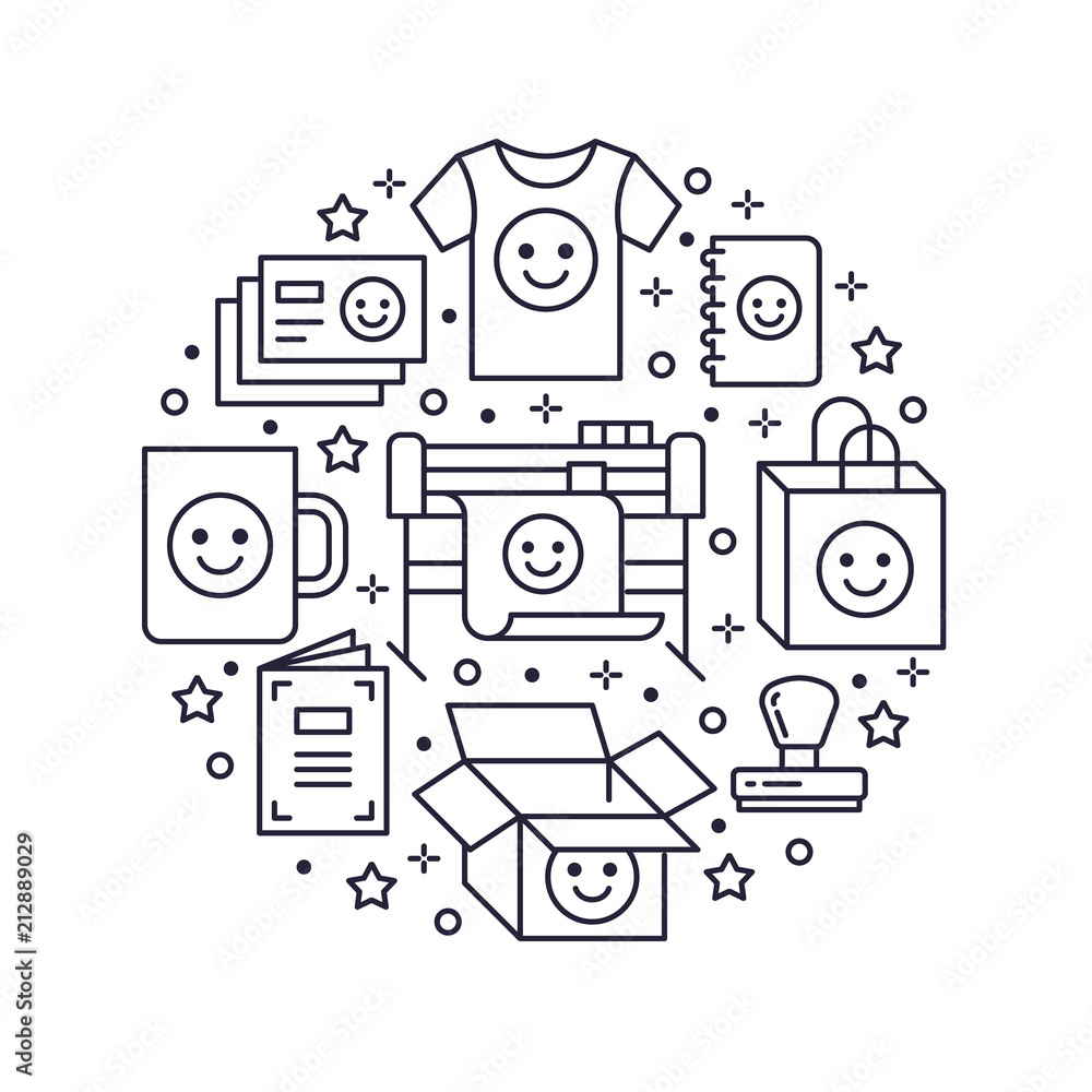 Printing house circle poster with flat line icons. Print shop equipment ...