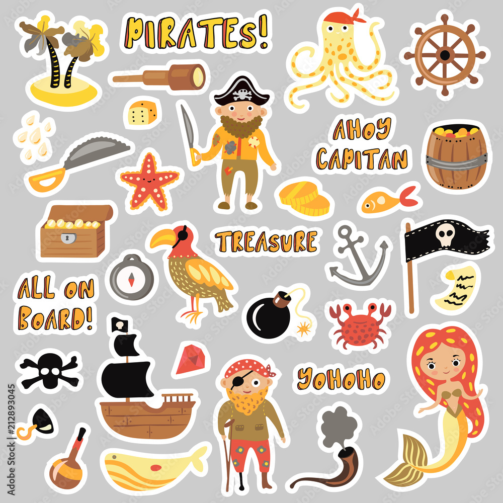 Set of Pirates vector cartoon stickers. Adventures and Pirate party ...
