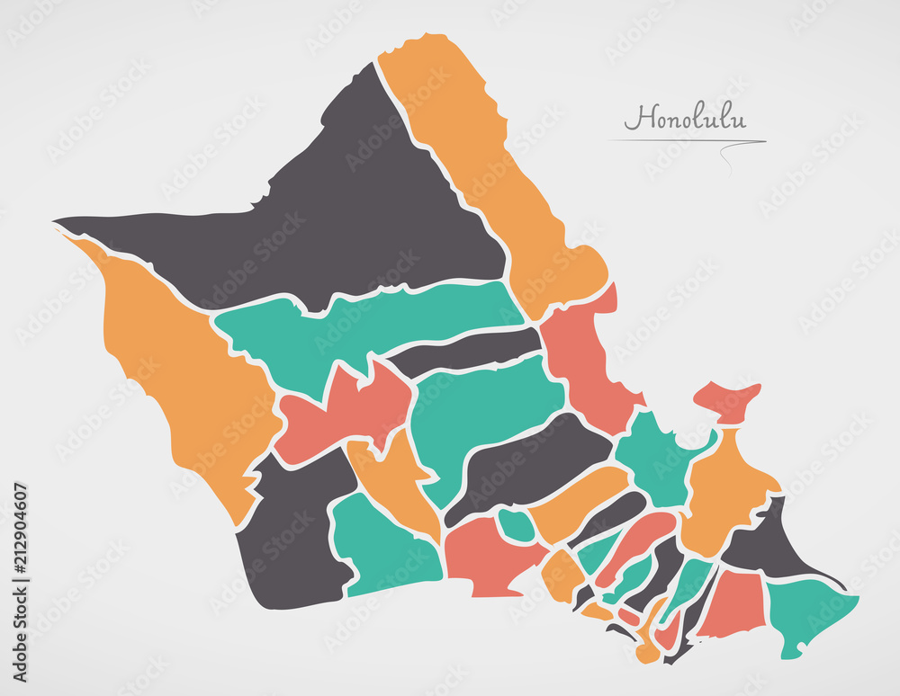 Honolulu Hawaii Map with neighborhoods and modern round shapes Stock ...