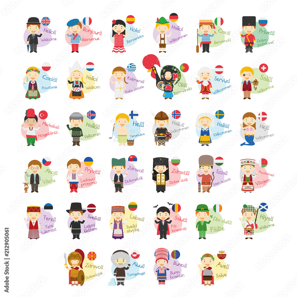 Vector illustration set of cartoon characters saying hello and welcom ...