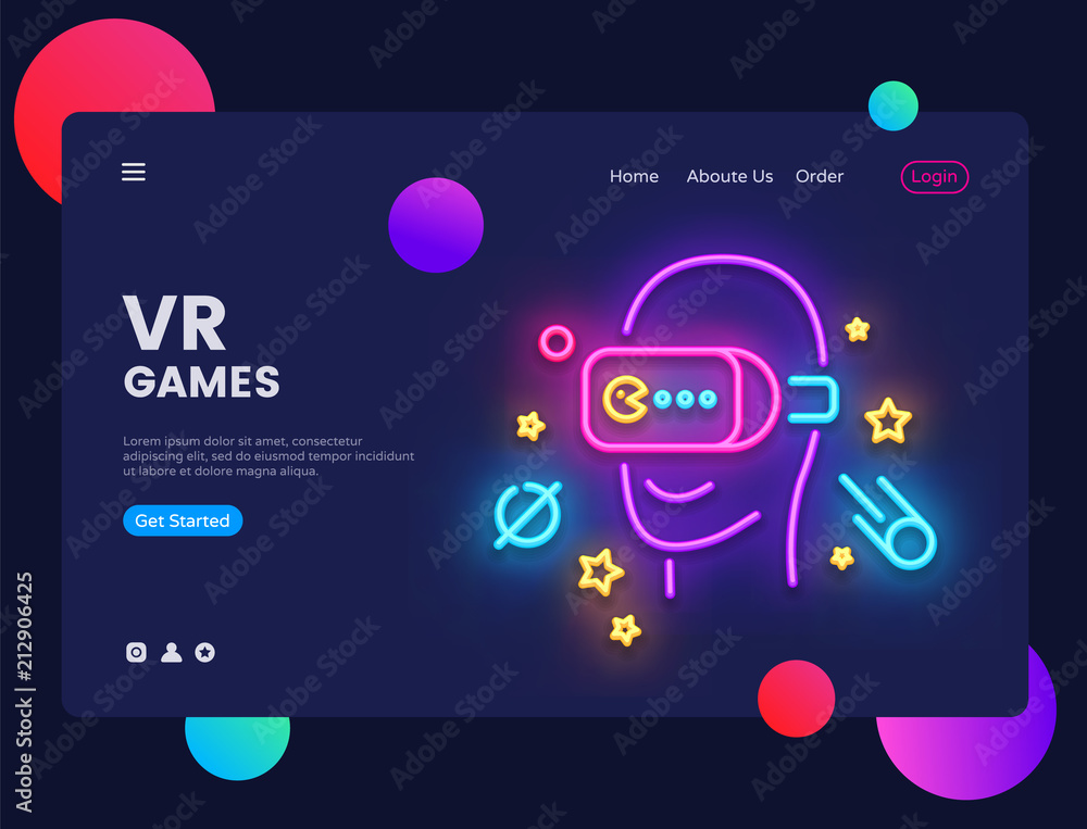 VR Games website concept banner Vector design template. Gamer light ...