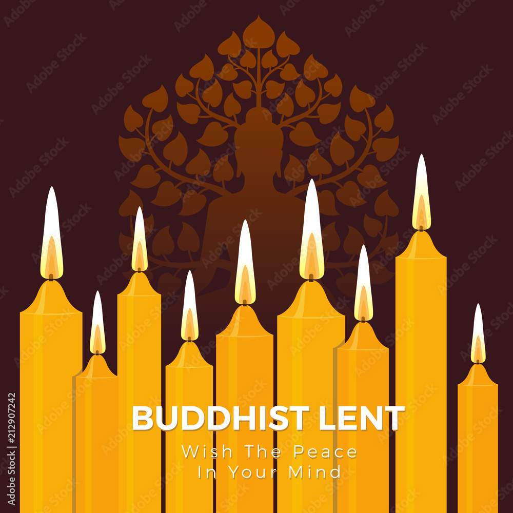Buddhist lent day with the peace in your mind text on yellow candle ...