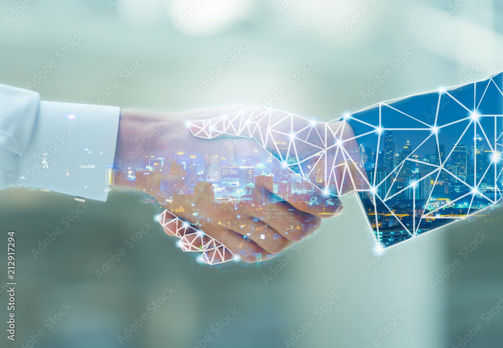 Business man handshake and network connection graphic Stock Photo ...