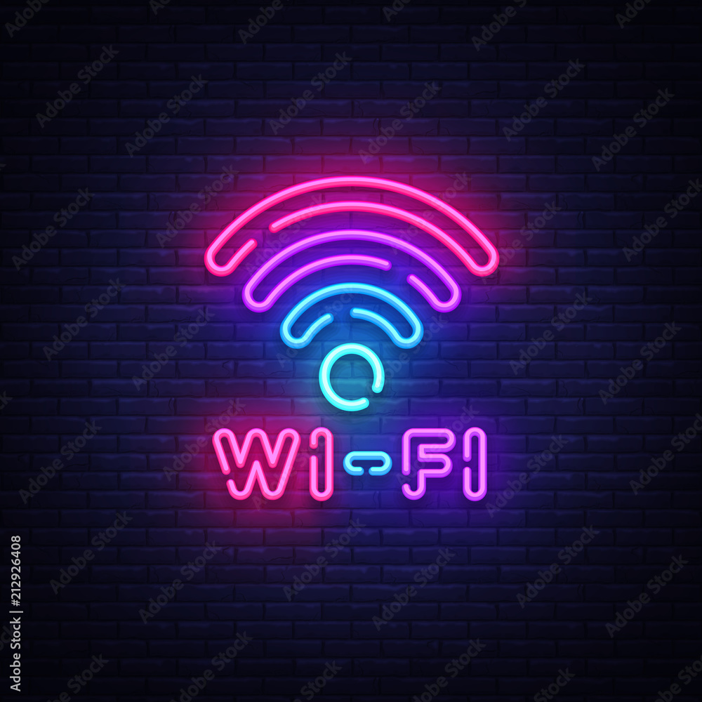 Wifi neon sign vector. Wifi symbol neon glowing letters shining, Light ...