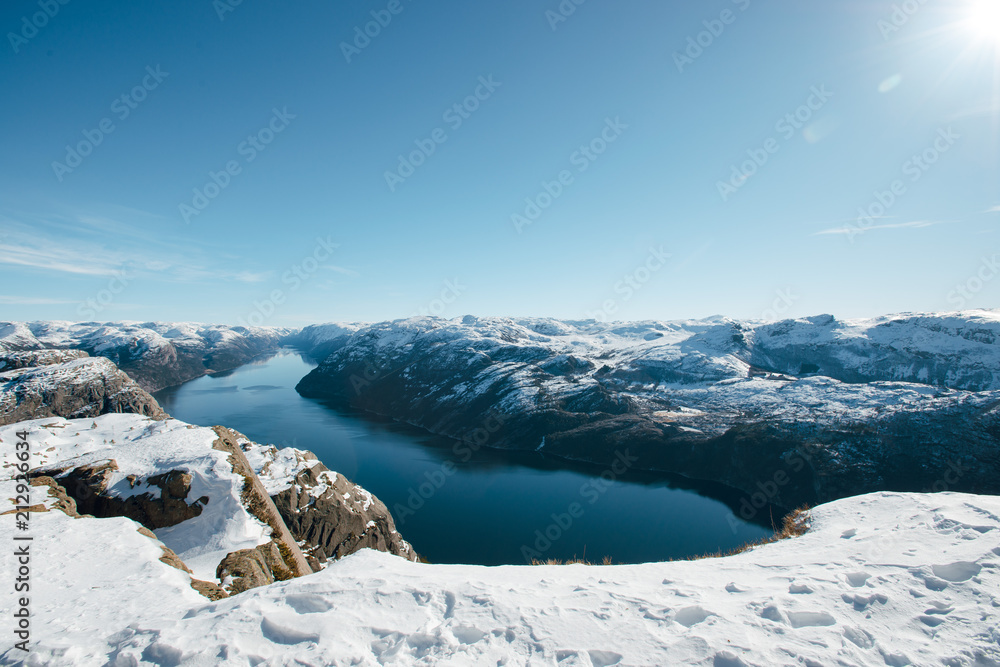 Top view of the Pulpit Rock, Preikestolen. Scenic landscape of river ...