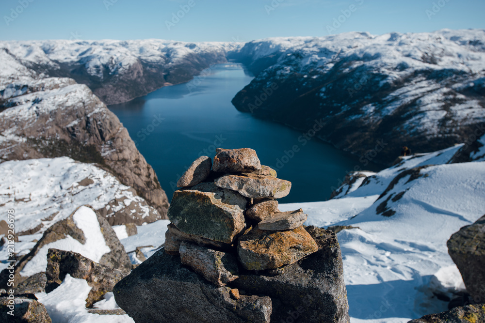 Top view of the Pulpit Rock, Preikestolen. Scenic landscape of river ...