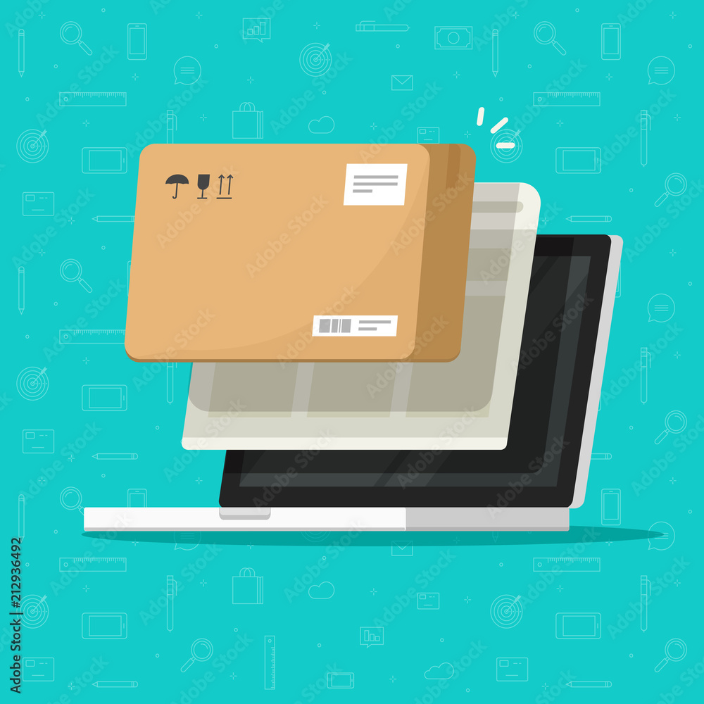 Parcel delivery tracking on laptop computer vector illustration, flat ...