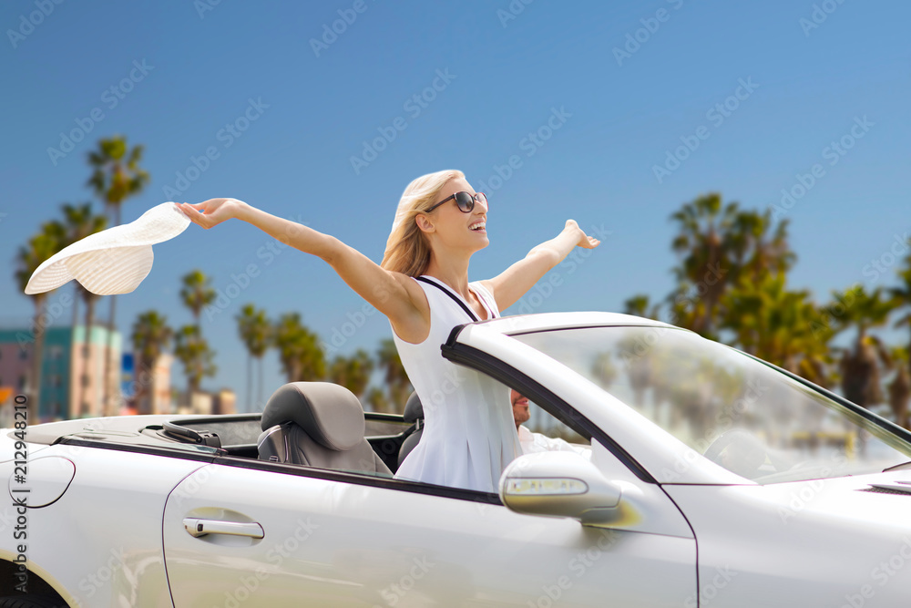 road trip, travel and people concept - happy couple driving in ...