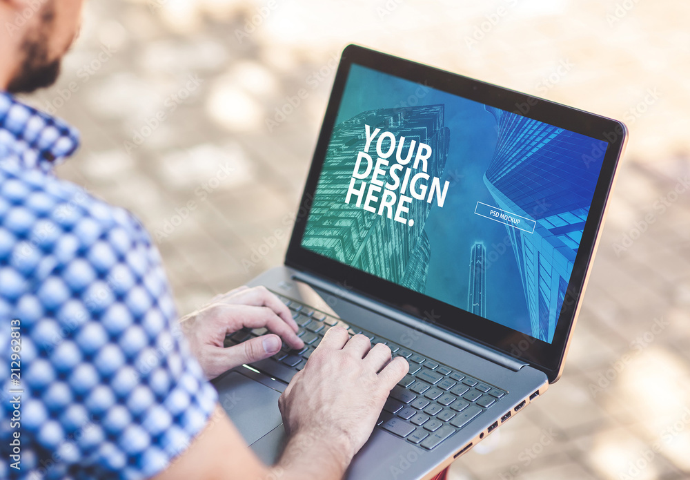Man Using Laptop Mockup Stock Template | Adobe Stock