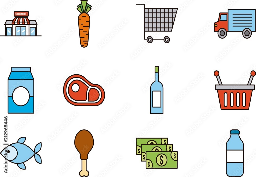 Colorful Grocery Shopping Food Market Commerce Icons Set Stock Template ...