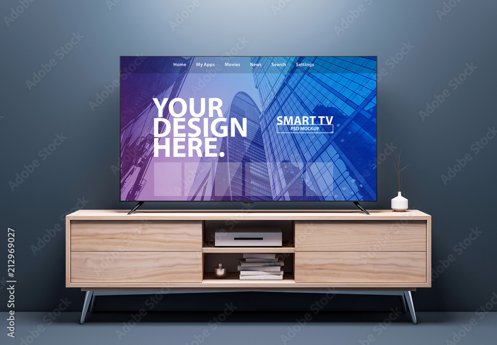 Smart TV on Wooden Consol Mockup Stock Template | Adobe Stock