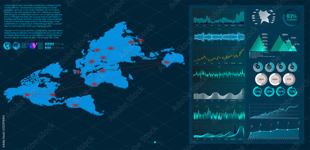 World map with nodes linked by lines. 3D isometric illustration ...