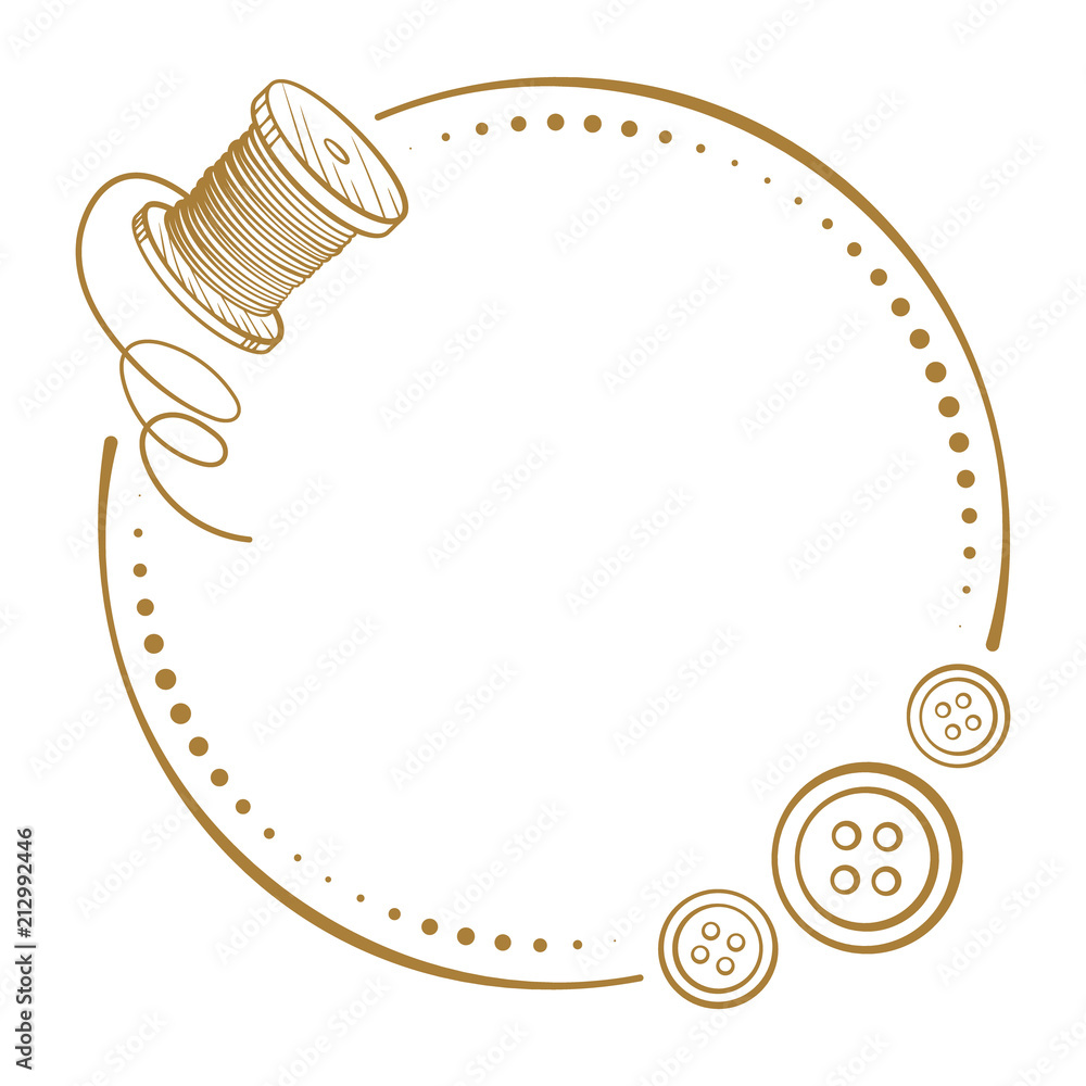 Vector round dotted frame frame with spool of thread and a buttons ...