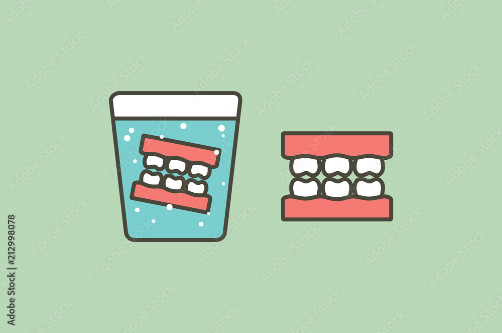 denture in glass, false teeth for adult - dental cartoon vector flat ...