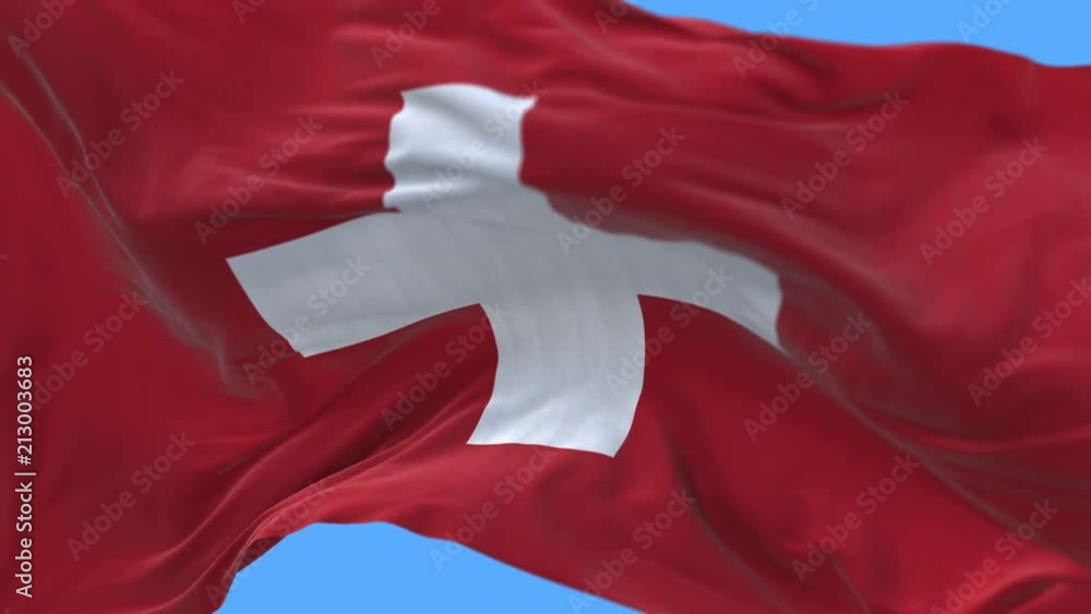 4k seamless Close up of Swiss flag slow waving with visible wrinkles.A ...