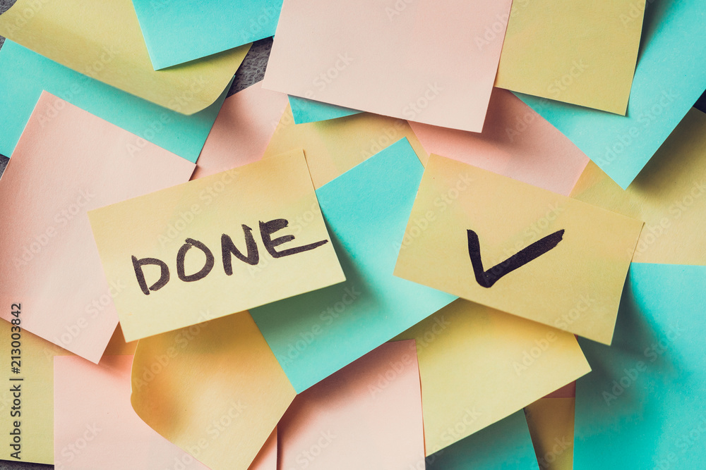Text Sign Done And Check Mark On A Sticky Note Pastel Colors Stock text-sign-done-and-check-mark-on-a-sticky-note-pastel-colors-stock