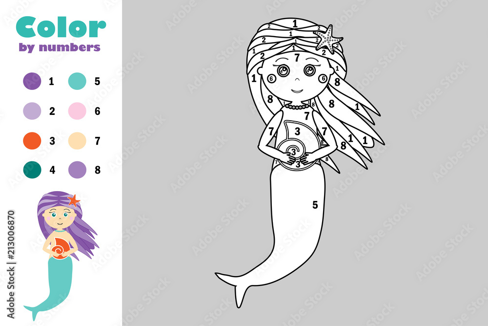 Mermaid in cartoon style, color by number, education paper game for the ...
