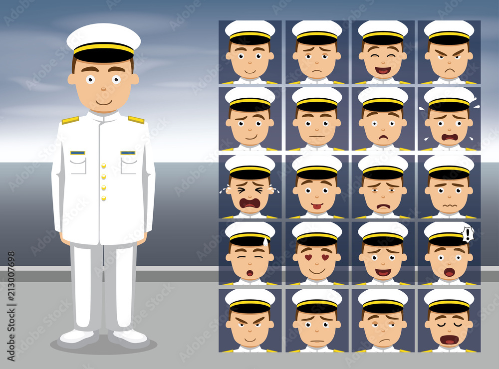 Navy Service Dress White Cartoon Emotion faces Vector Illustration ...
