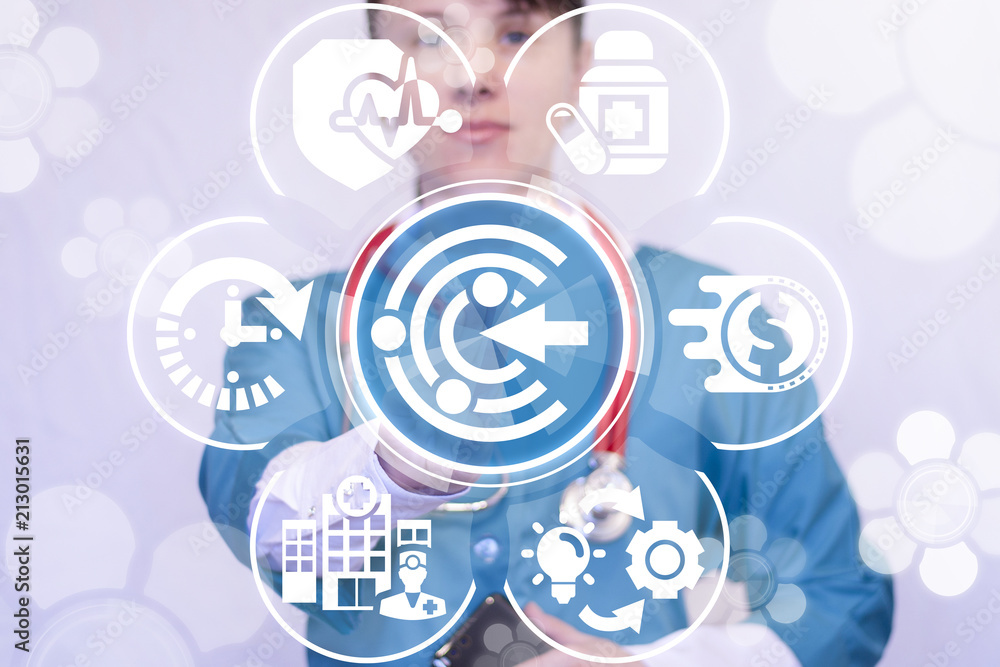 Beautiful woman doctor clicks a proactive icon surrounded by specific ...