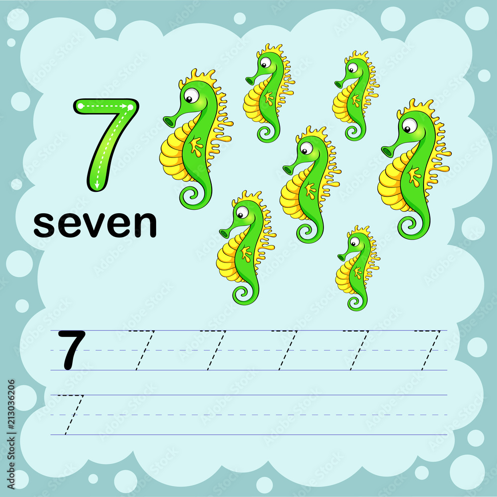 Educational illustration to learn how to count and write a number seven ...