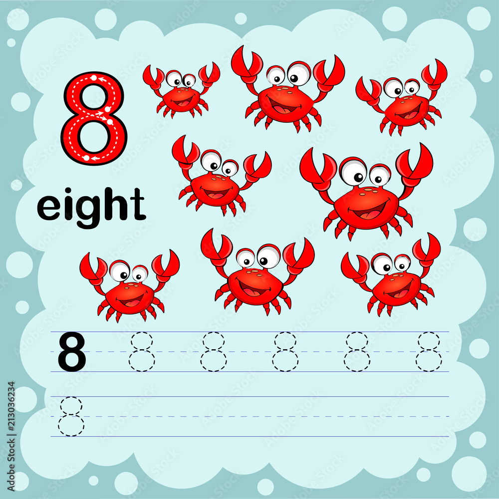 Educational illustration to learn how to count and write a number eight ...