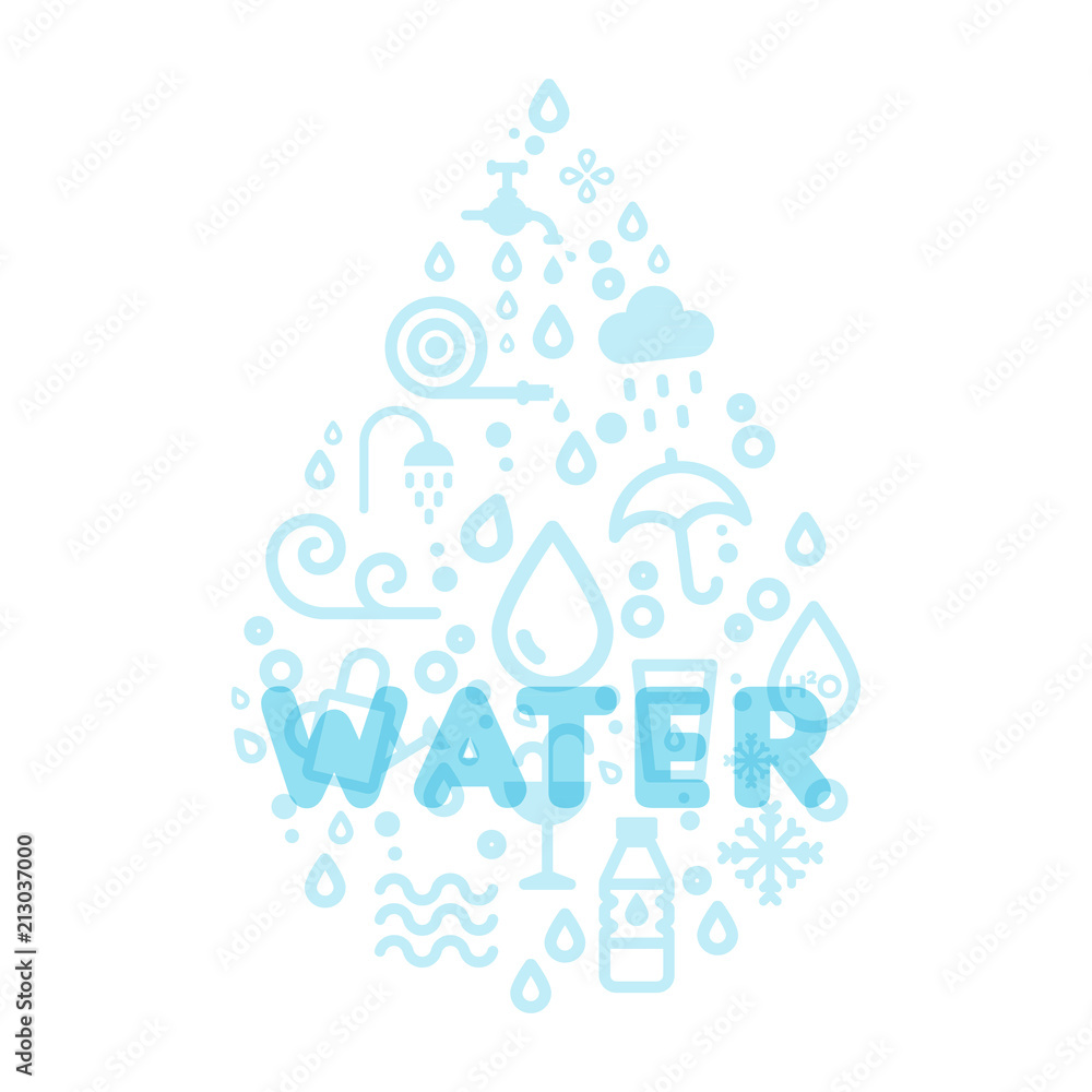 Water icons creating a drop shape. Translucent word water. Vector ...