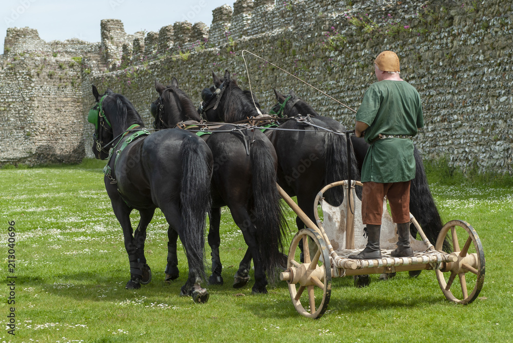 Roman - Ancient British - 4 black horse fighting chariot demonstration ...