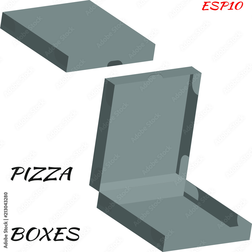 Realistic drawing of cardboard box for pizza. Box is closed and open ...