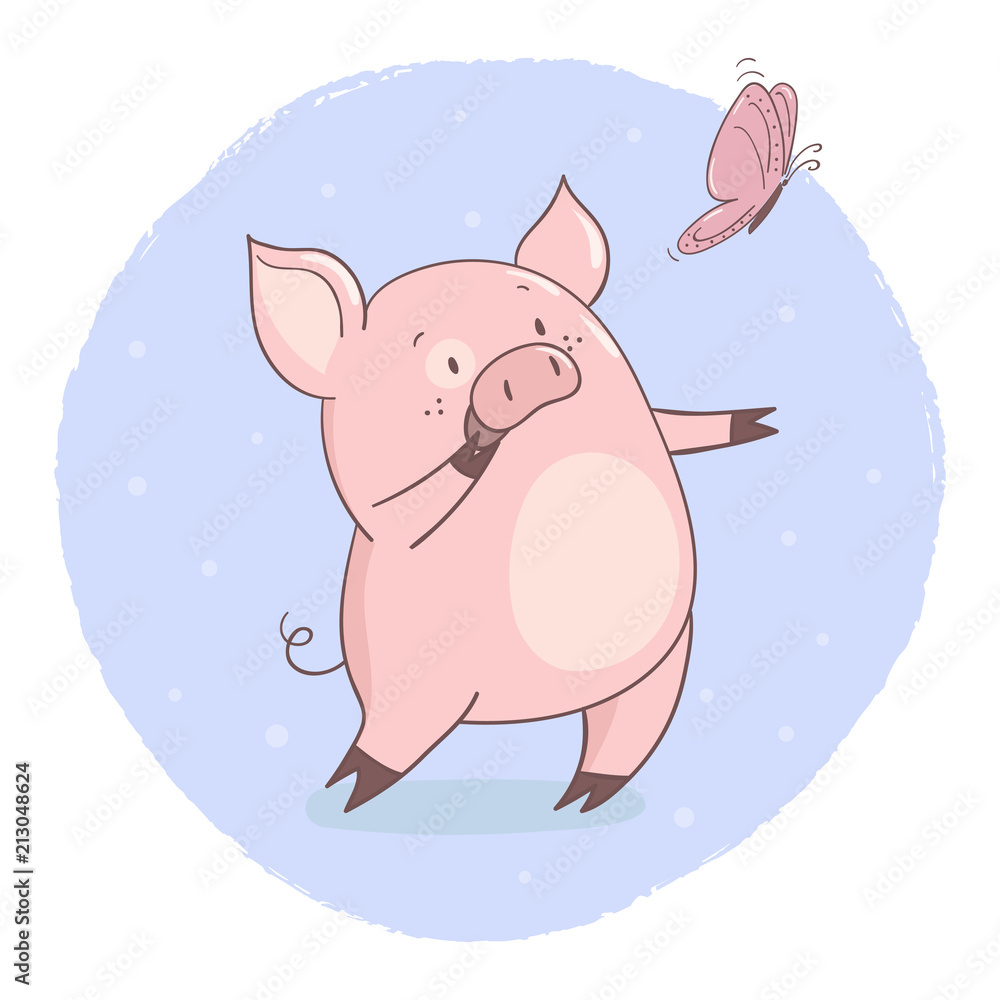 Cute cartoon pig with butterfly. Vector illustration. Stock Vector ...