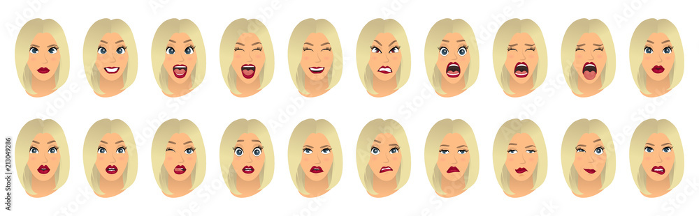 Women facial expressions, gestures, emotions happiness surprise disgust ...