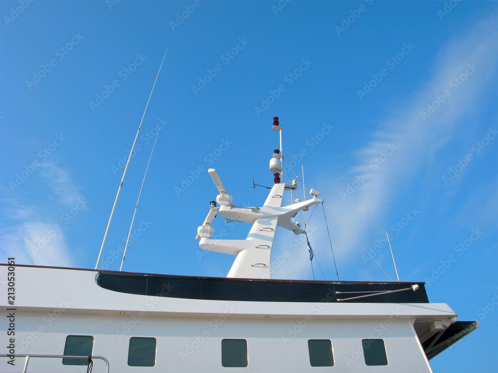 Marine navigation equipment. Communication mast of modern yacht with ...