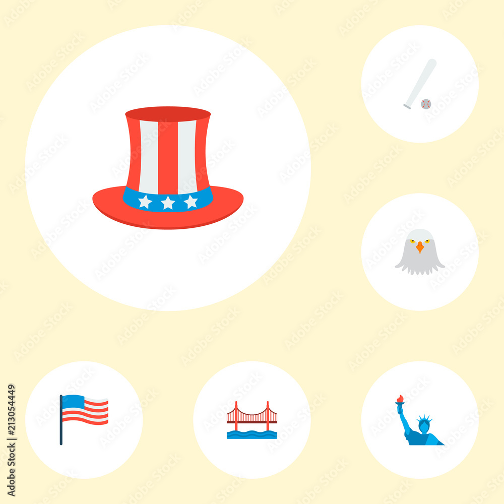 Set of america icons flat style symbols with liberty statue, eagle head ...
