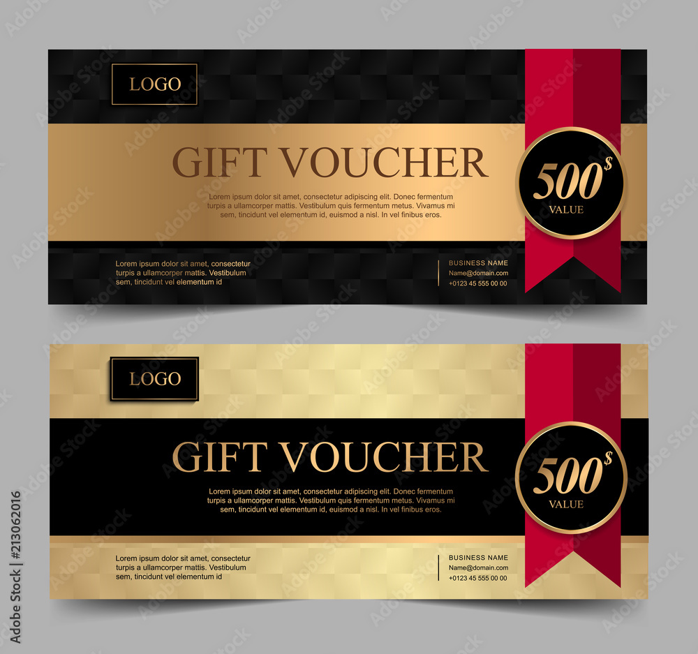 Voucher template with gold black and red ribbon. Background design ...