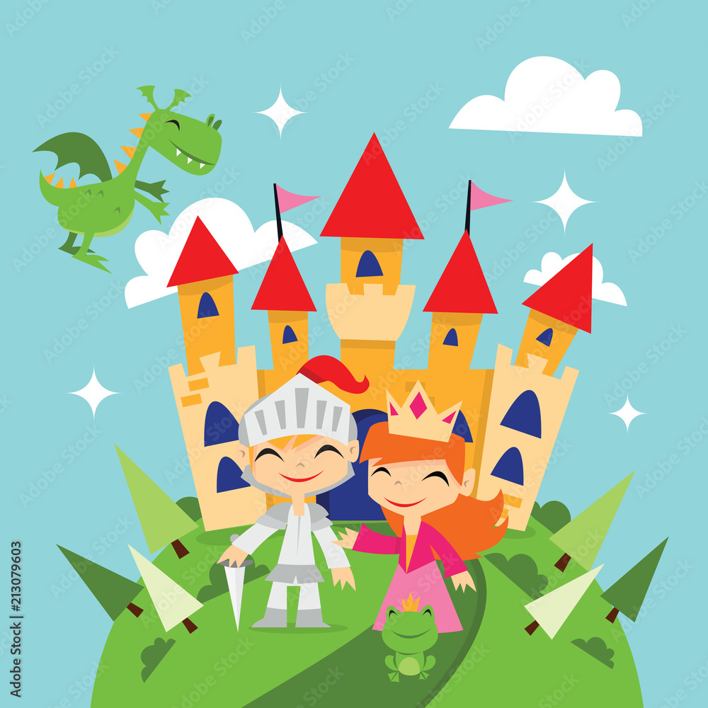 Retro Magical Fairytale Kingdom Princess And Knight Stock Vector ...