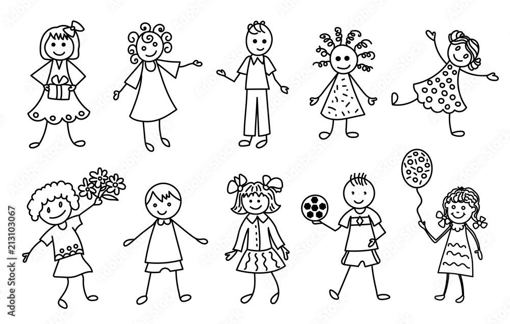 Children doodle black outline hand drawing set design element Stock ...