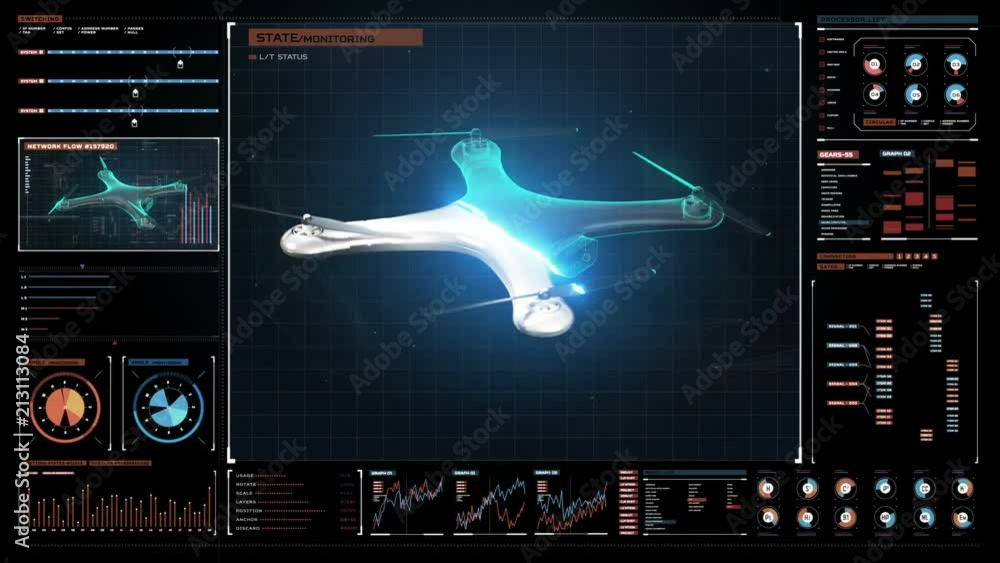 Rotating Drone with futuristic user interface, Digital futuristic ...
